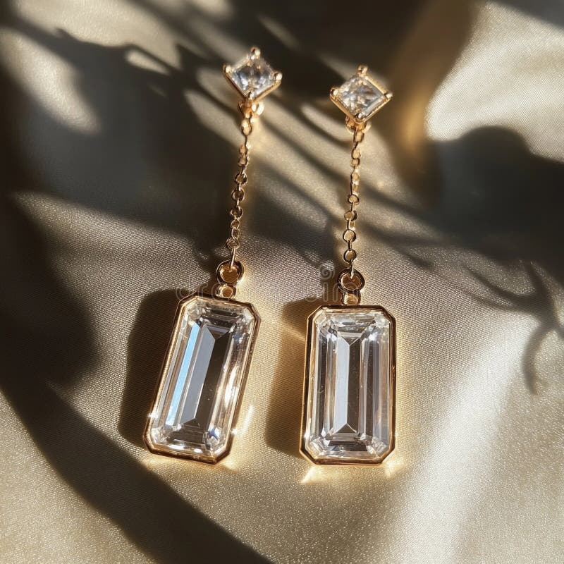 Elegant Gold Chain Earrings with Rectangular Gemstones on Satin ...