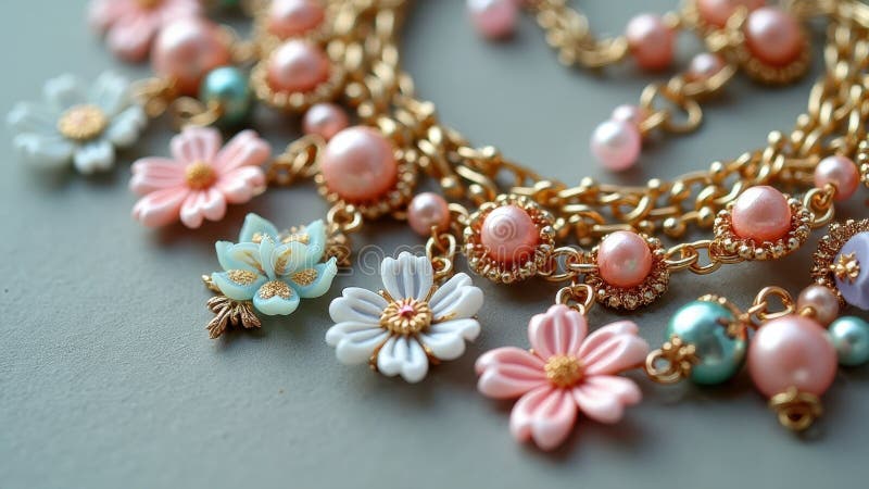 Elegant Gold Chain with Pearls and Floral Charms on Gray Background ...