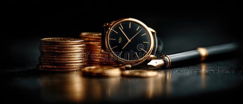 Elegant Gold Coins and Watch with Pen on Table Stock Photo - Image of ...