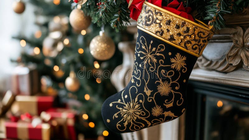 Elegant Gold Decorated Christmas Stocking Hangs by Fireplace Stock ...