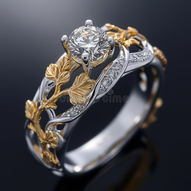 Elegant Gold and Diamond Leaf-patterned Ring on Black Background Stock Photo - Image of delicate ...