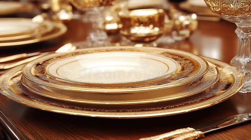 Elegant Gold Dinnerware Place Setting, Table, Luxury Event Stock Image ...