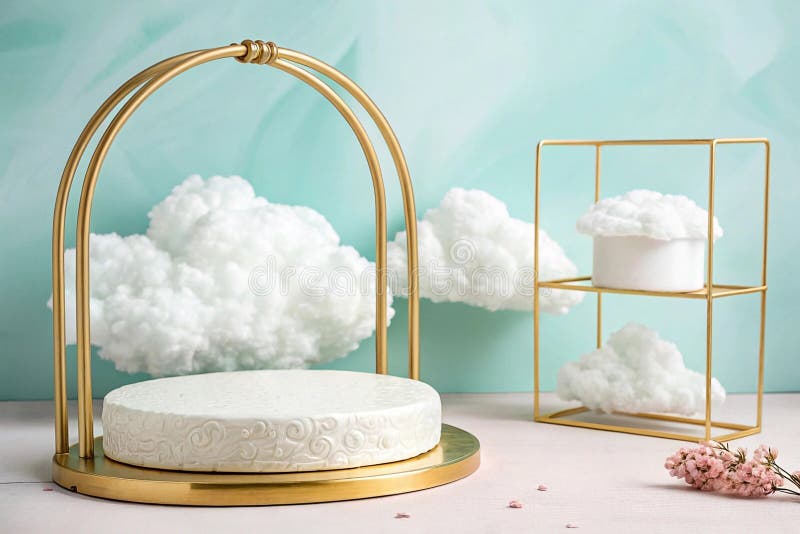 Elegant Gold Display Stand with Clouds, Pastel Background, Product ...