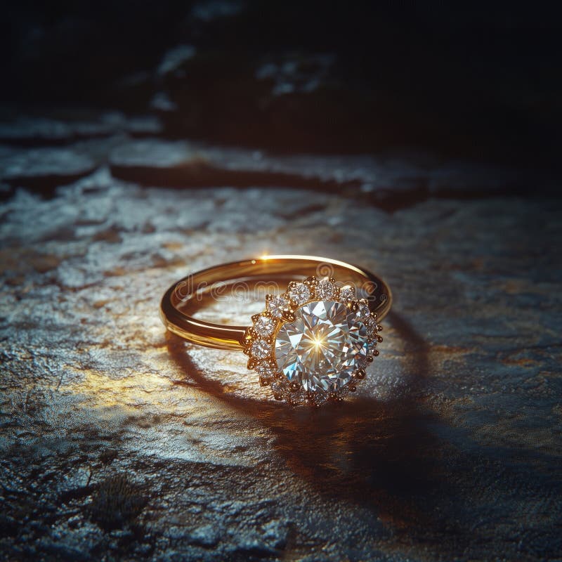 Elegant Diamond Engagement Ring Displayed Textured Surface Stock Photos ...