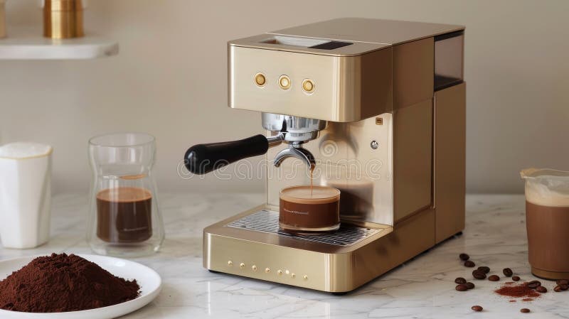 Elegant Gold Espresso Machine on Marble Countertop with Coffee Grounds ...