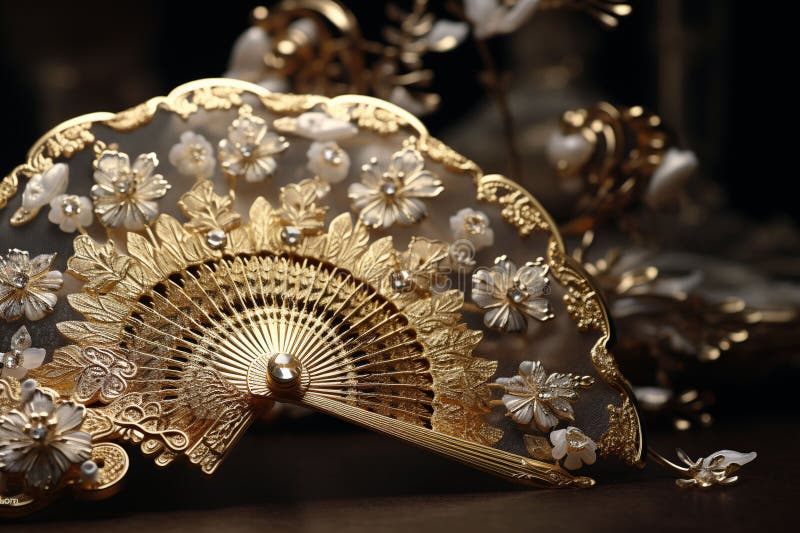 Elegant Gold Filigree on a Vintage Hand Fan Adding Stock Image - Image ...