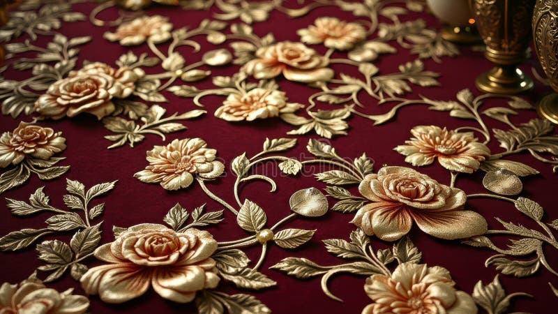 Elegant Gold Floral Embroidery on Rich Red Fabric with Intricate Leaf ...