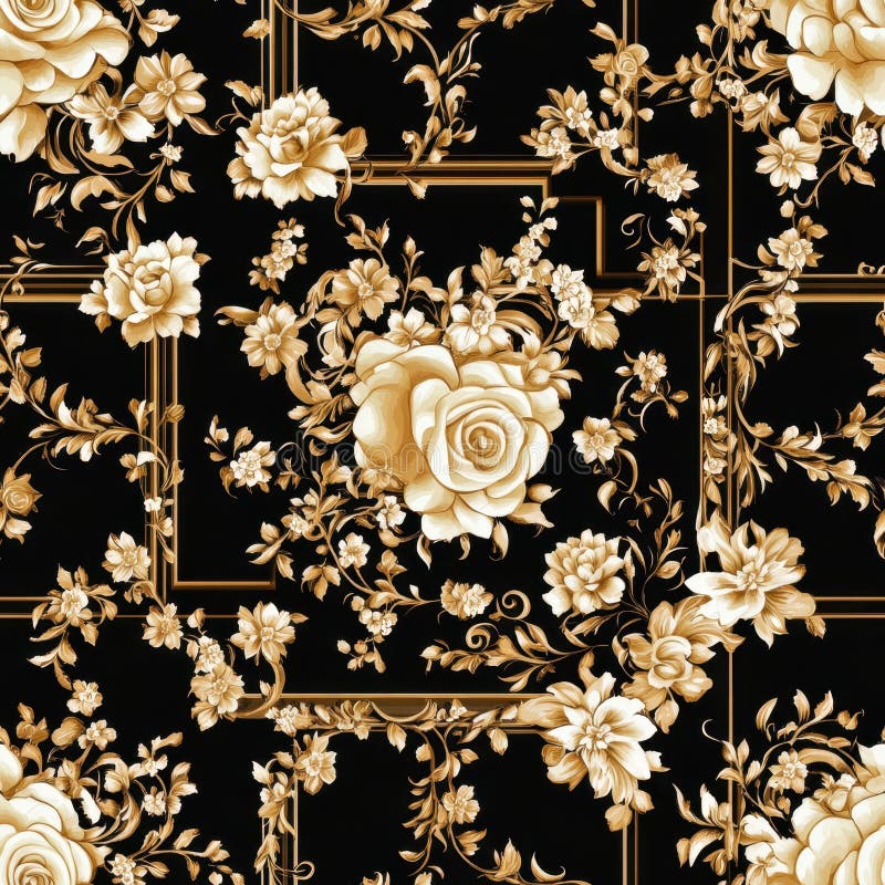 Elegant Gold Floral Pattern on Black Background - Ornate Vintage Design ...