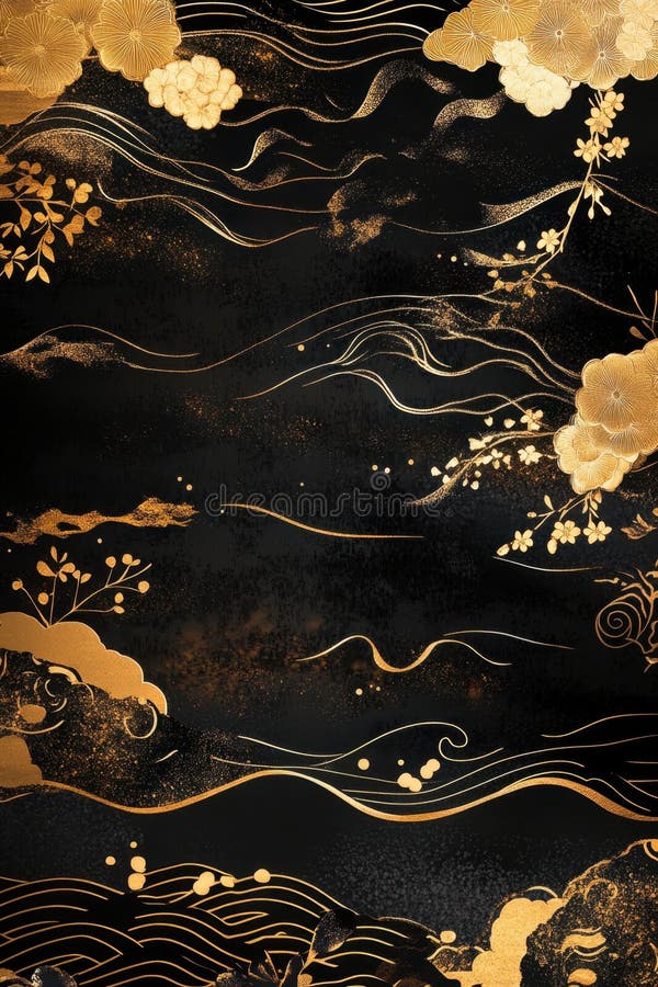 Elegant Gold Floral and Wave Patterns on Black Background Stock ...