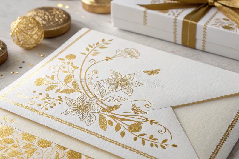 Elegant Gold Foil Floral Invitations with Gift Box Display Stock Photo ...