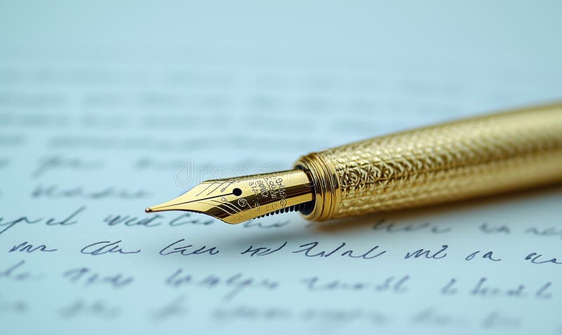 Elegant Gold Fountain Pen Resting on Handwritten Notes with Blue ...