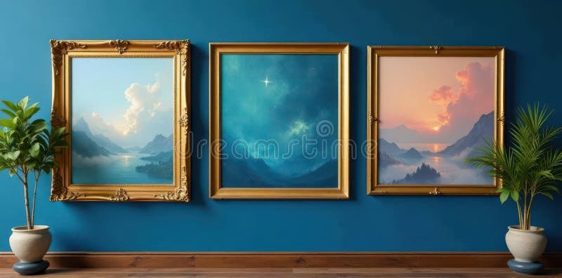 Elegant Gold Frames Against a Deep Blue Wall, Showcasing Art , Classic ...