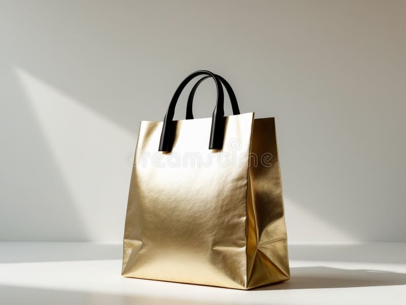 Elegant Gold Gift Bag with Black Handles Stock Photo - Image of surface ...