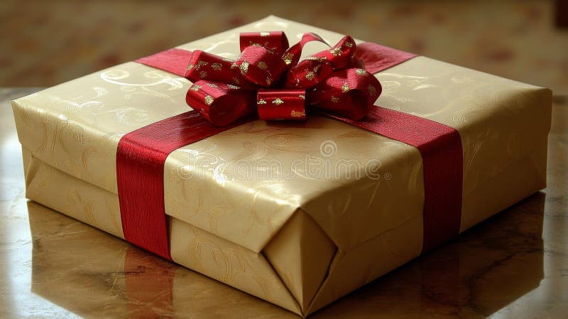 Elegant Gold Gift Box with Red Bow on Marble Surface for Celebrations ...