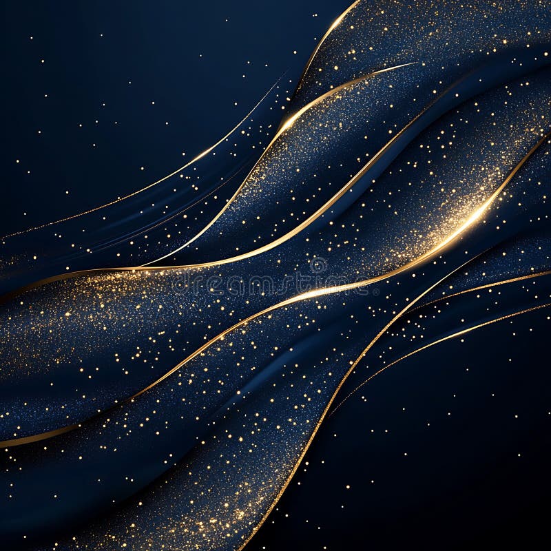 Elegant Gold Glitter Lines Flow Across Deep Blue Background, Creating ...