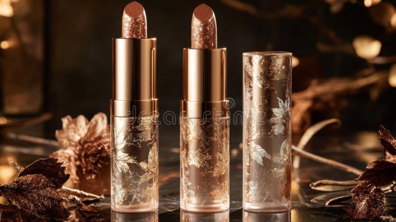 Elegant Gold Glitter Lipstick Set Displayed on Dark Reflective Surface ...