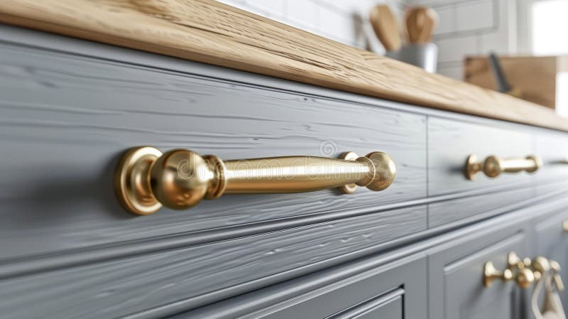 Elegant Gold Handle on Modern Kitchen Drawer in Close-up View Stock ...