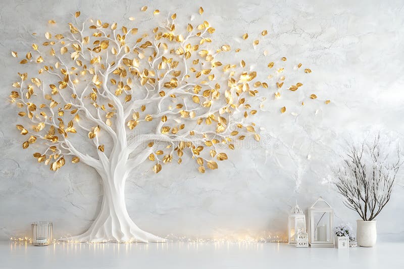 Elegant Gold Leaf Tree Wall Decor Interior Design Stock Illustration - Illustration of billing ...