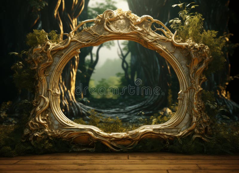 Elegant Gold Mirror Frame with Blurred Forest in the Reflection ...