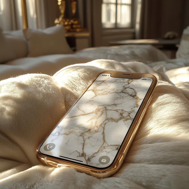 Elegant Gold Phone with Marble Wallpaper on a Luxurious Bed Stock ...