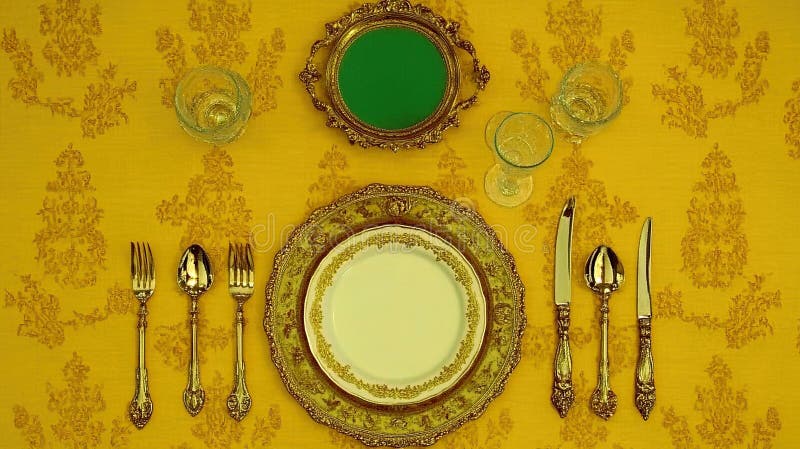 Elegant Gold Place Setting, Table, Overhead, Yellow Fabric, Event Stock ...
