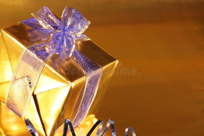 Elegant Gold Present with Blue Ribbon Stock Photo - Image of receiving ...
