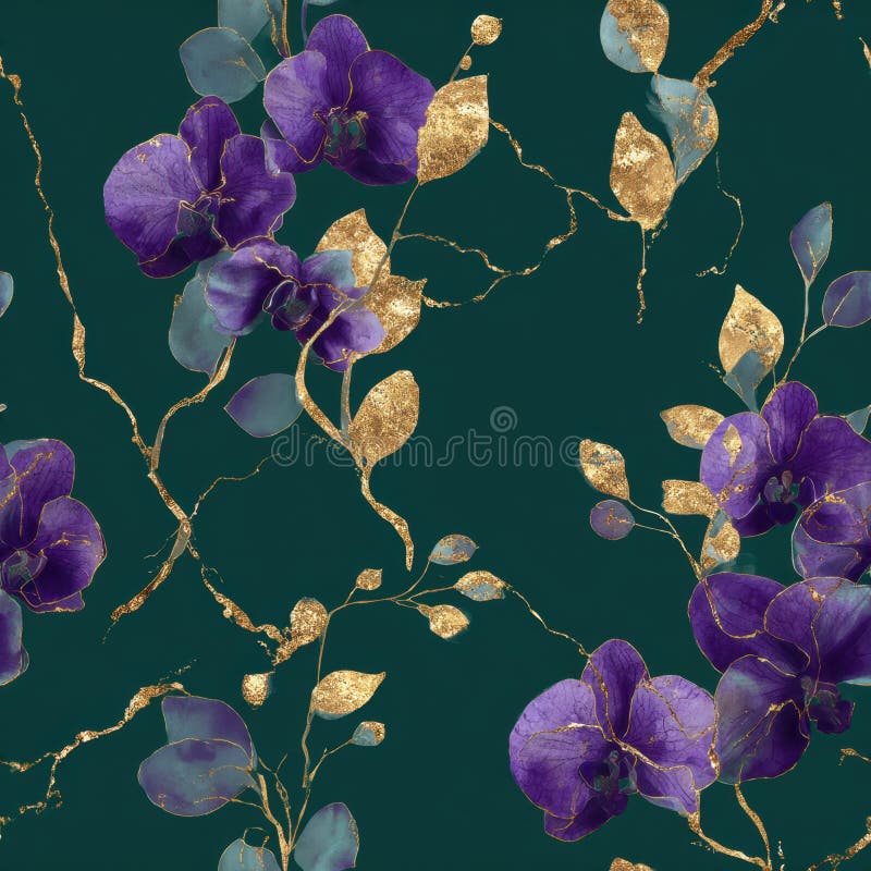 Elegant Gold and Purple Orchid Pattern on Deep Green Background. Stock Image - Image of bloom ...