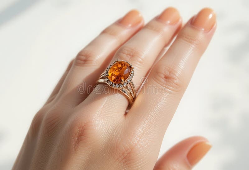 Elegant Gold Ring with Amber Gemstone on a Hand in Sunlight Stock ...