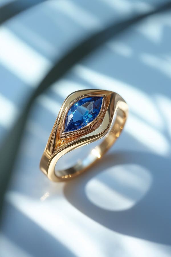 Elegant Gold Ring with Blue Gemstone on White Background and Leaf ...