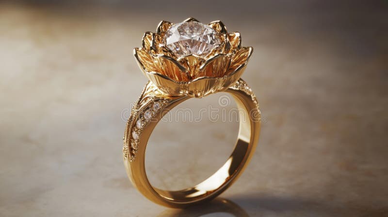 Elegant Gold Ring with a Diamond in a Lotus Setting on a Textured ...