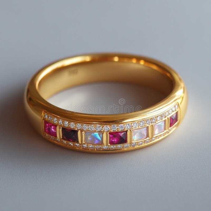 Elegant Gold Ring with Diamonds and Gemstones on a Smooth Surface Stock ...