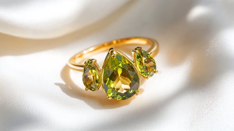 Elegant Gold Ring with Green Gemstones on Soft Fabric Background Stock ...