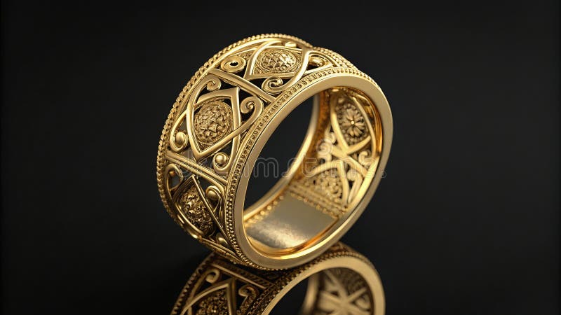 Elegant Gold Ring with Intricate Geometric Patterns on Black Background ...