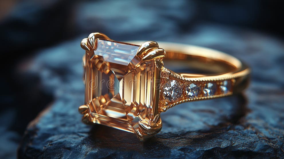 Elegant Gold Ring with a Large, Clear Rectangular Gemstone Set Stock ...