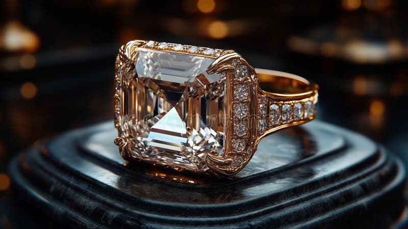 Elegant Gold Ring with a Large, Clear Rectangular Gemstone Set Stock ...