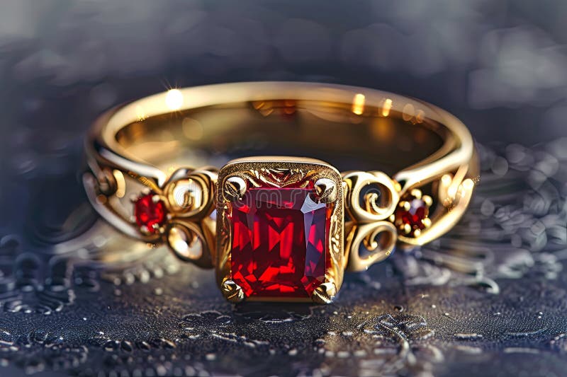 Elegant Gold Ring with Large Rectangular Red Ruby Stock Illustration ...