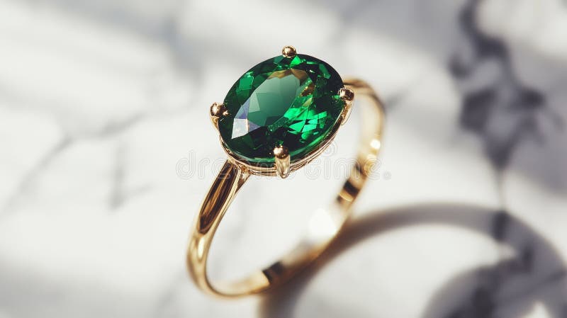 Elegant Gold Ring with Oval Green Gemstone on Marble Surface Stock Photo - Image of adornment ...