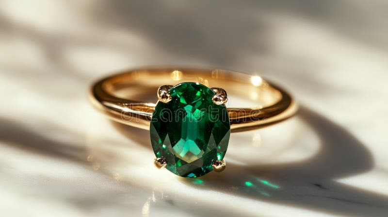Elegant Gold Ring with Oval Green Gemstone on Marble Surface Stock ...