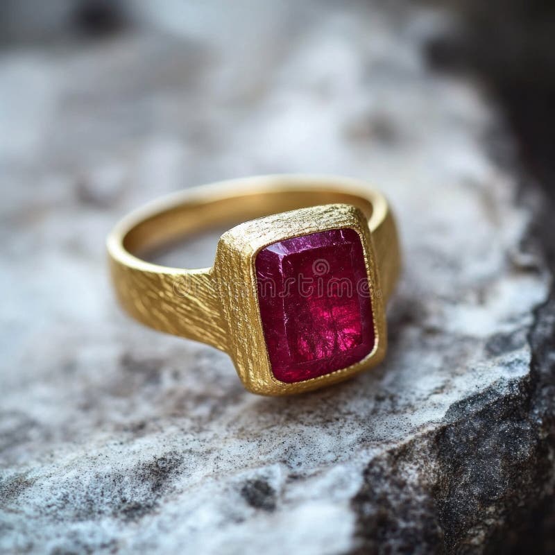 Elegant Gold Ring with Rectangular Ruby on Stone Surface Stock Photo ...