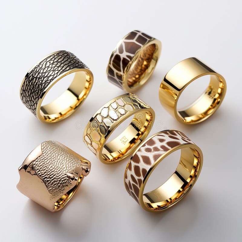 Elegant Gold Rings with Animal Print Textures on White Background Stock ...