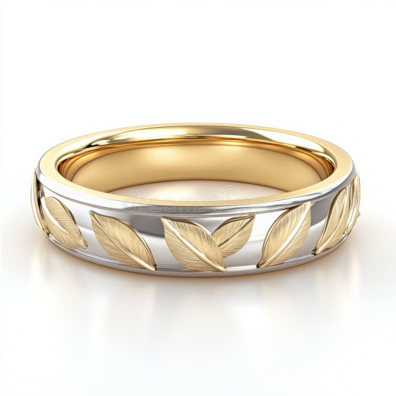 Elegant Gold and Silver Leaf Patterned Ring on White Background Stock ...