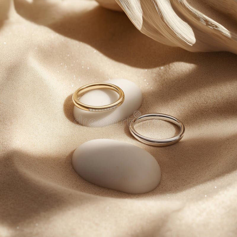 Elegant Gold and Silver Rings on Smooth Sand Stock Photo - Image of ...