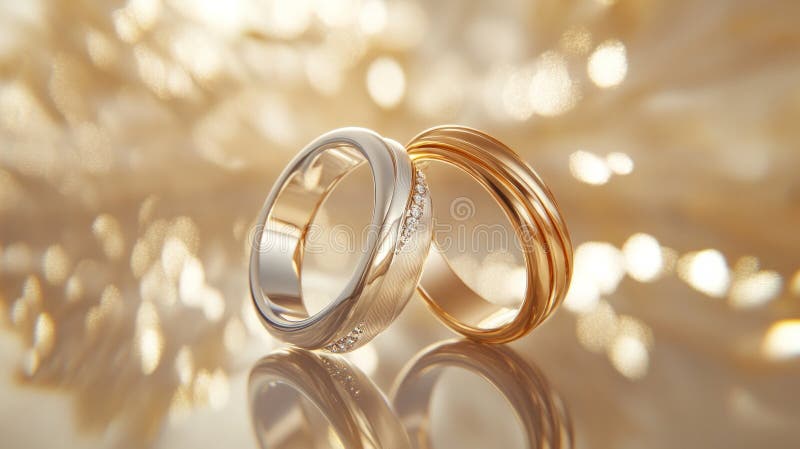 Elegant Gold and Silver Wedding Rings with Diamonds on Reflective ...