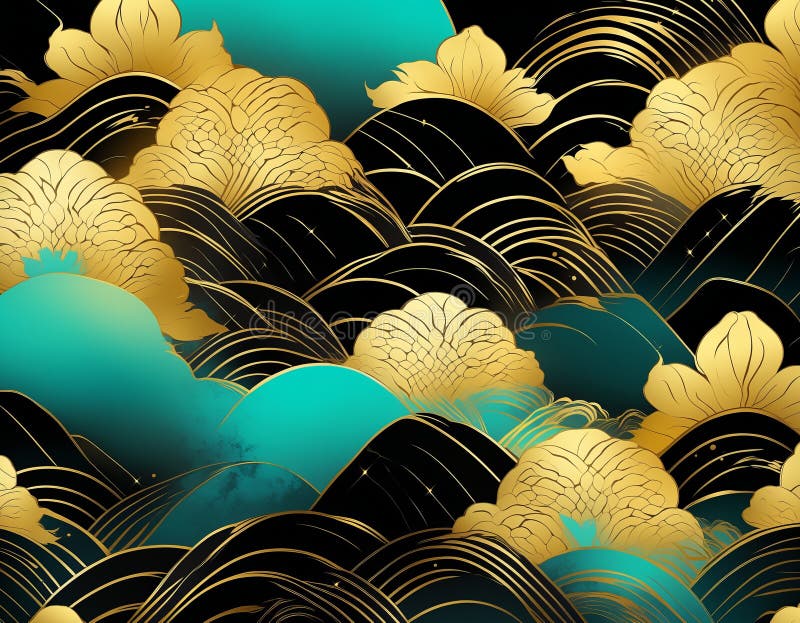 Elegant Gold and Teal Japanese Floral Pattern on Black Background Stock ...