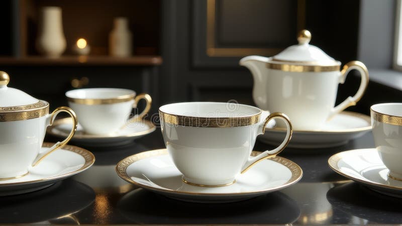 Elegant Gold Trimmed Tea Set on Dark Table Stock Illustration ...