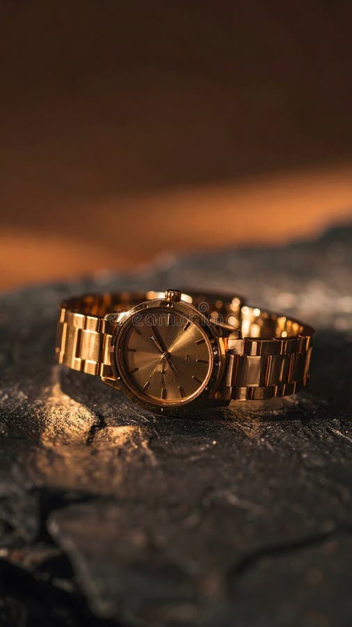 Elegant Gold Watch on Textured Slate with Warm Light Reflections Stock ...