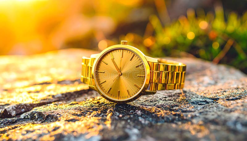 Elegant Gold Watch on Textured Slate with Warm Light Reflections Stock ...