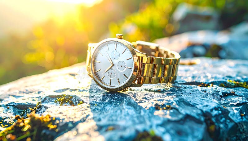 Elegant Gold Watch on Textured Slate with Warm Light Reflections Stock ...