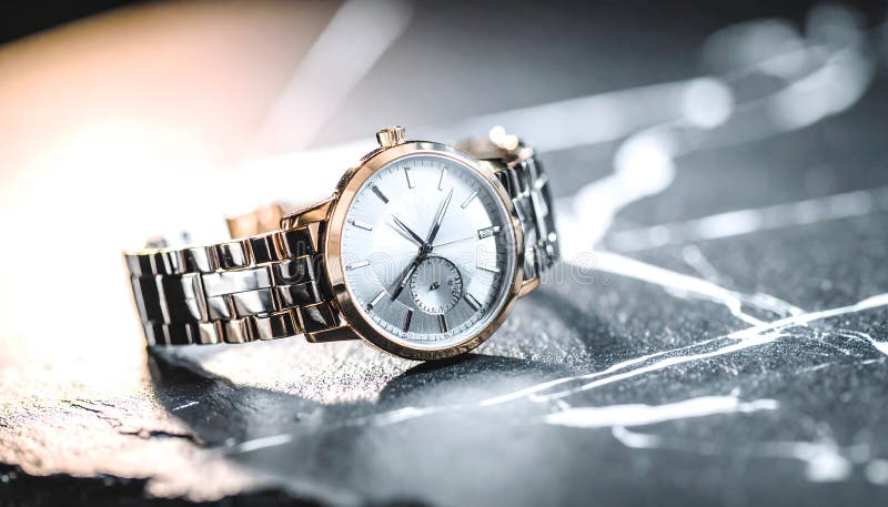 Elegant Gold Watch on Textured Slate with Warm Light Reflections Stock ...