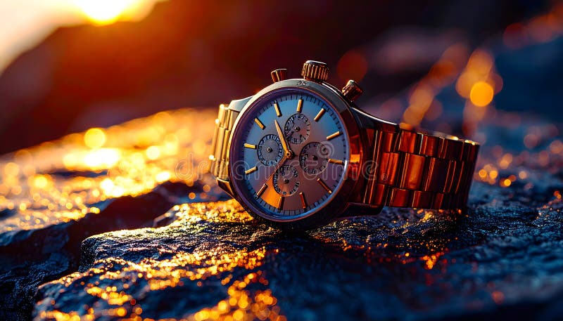 Elegant Gold Watch on Textured Slate with Warm Light Reflections Stock ...